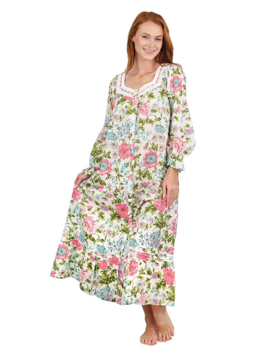 Lace Trimmed English Garden Print Button Front Robe Gown – La Cera™